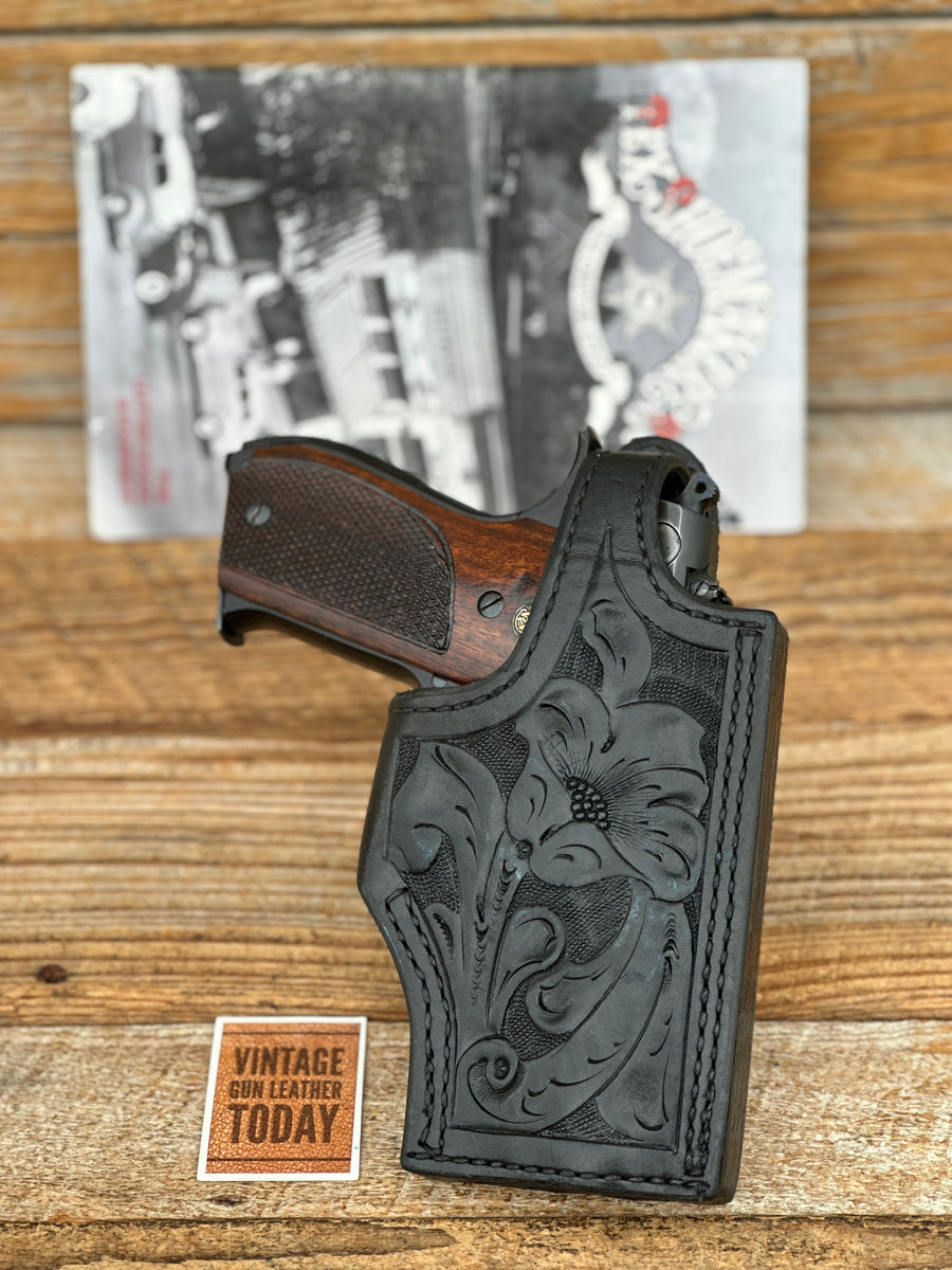 Vintage Tex Shoemaker Black Floral Carved OWB Holster for S&W Model 39 ...